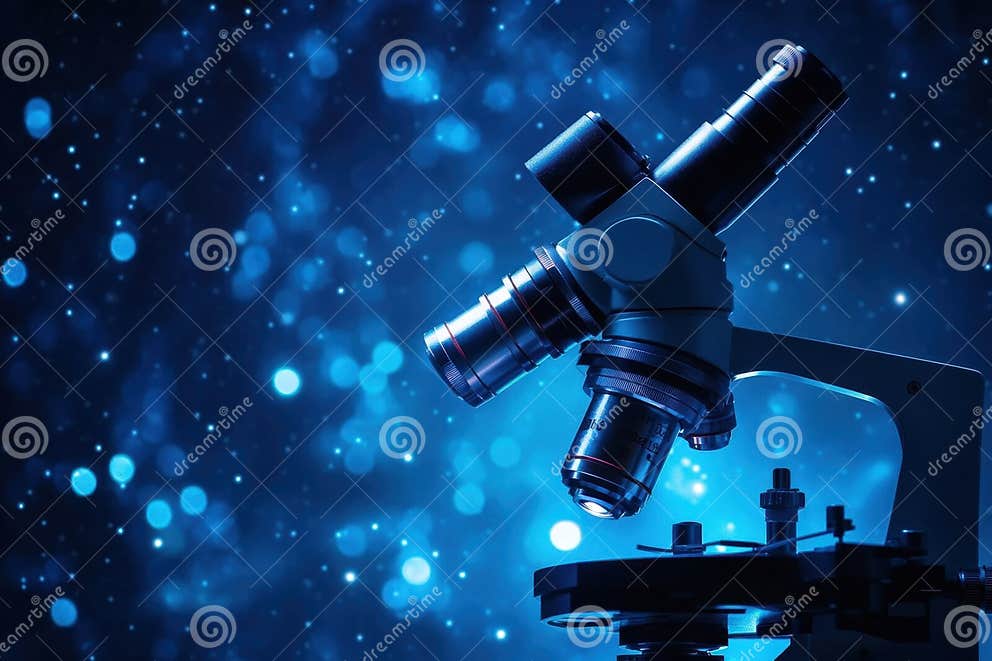 Focus on Microscope in a Blue Themed Laboratory with Sparkling Lights ...