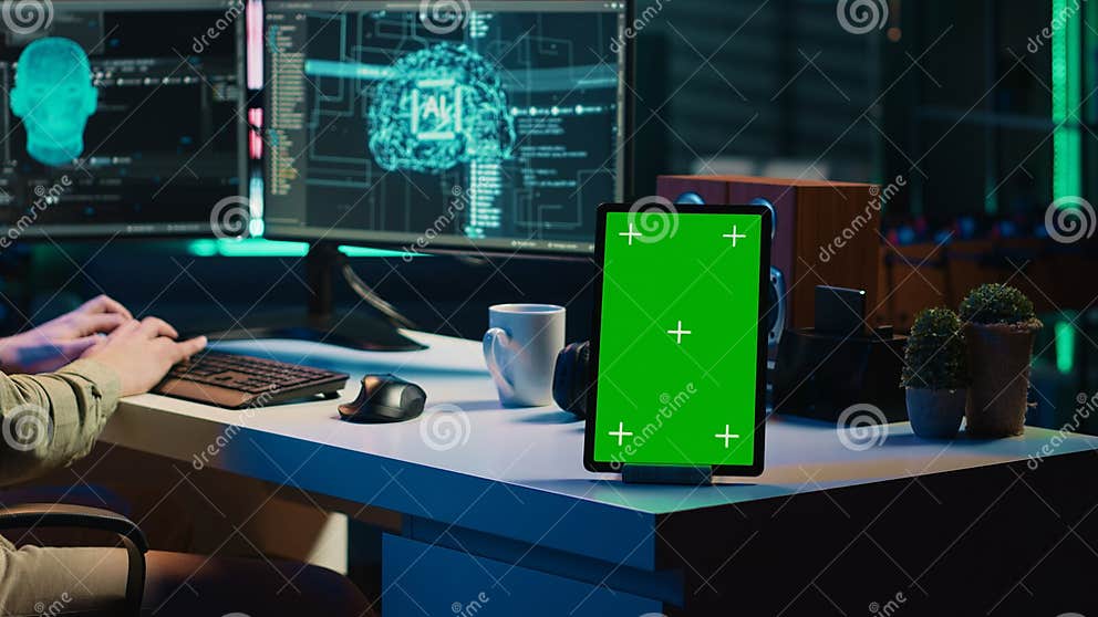 Focus on Mockup Tablet Next To Programmer Updating Artificial Intelligence Stock Image - Image ...