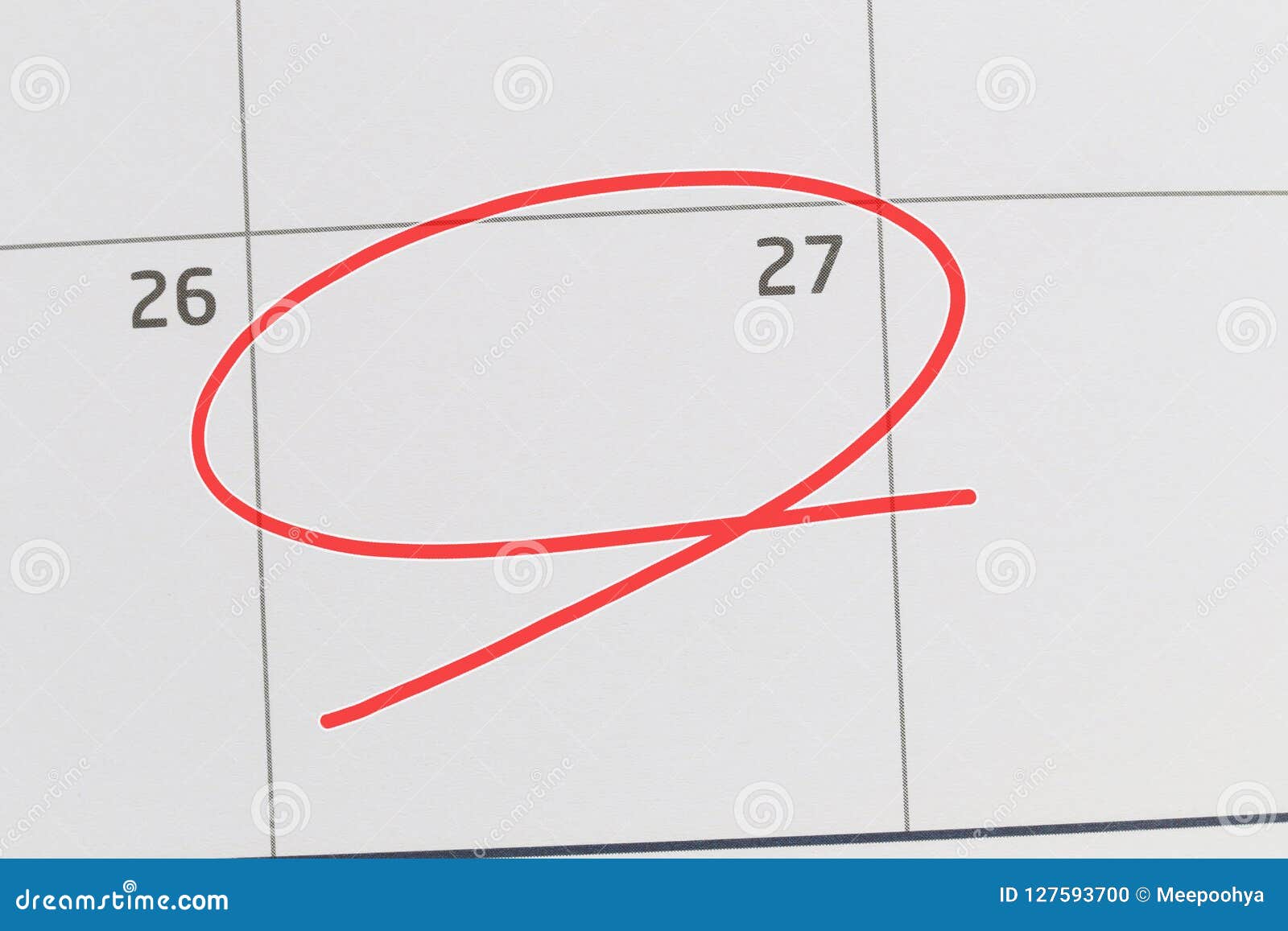 Focus on Number 27 in Calendar and Empty Red Ellipse. Stock Photo ...
