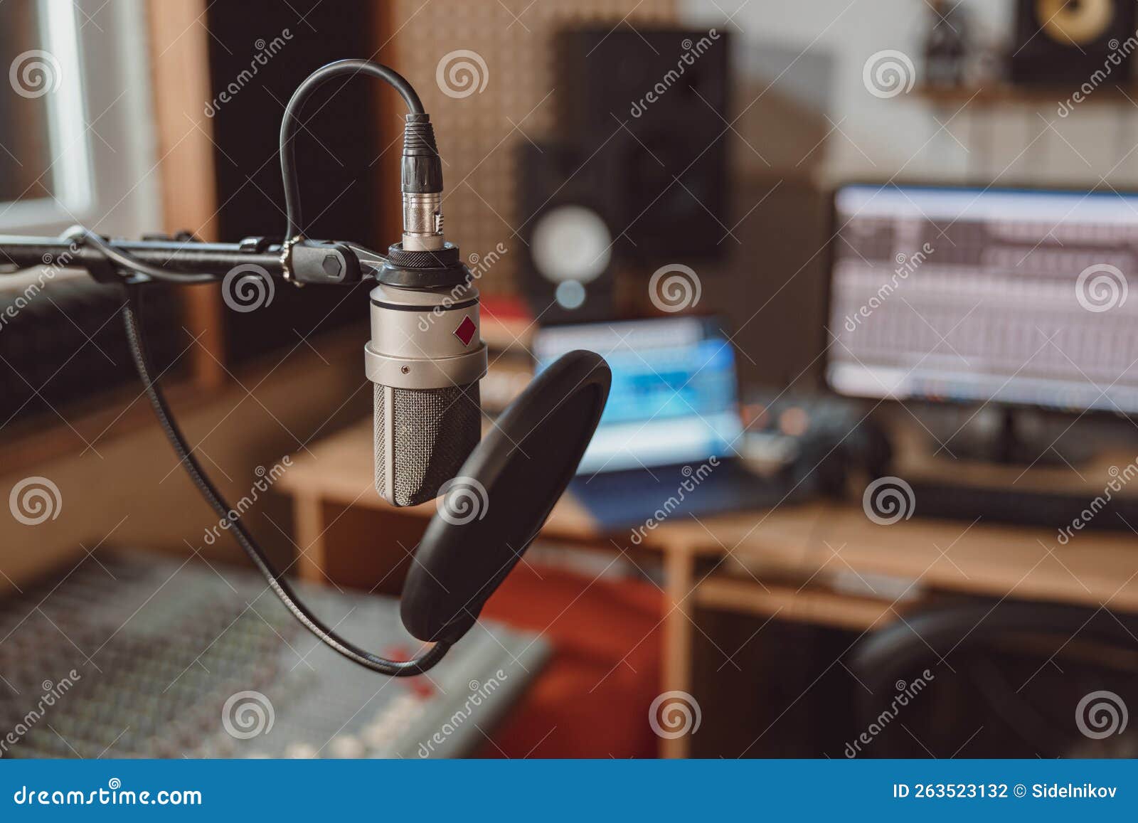 Focus on a Professional Microphone on the Blurred Workplace of a Sound ...