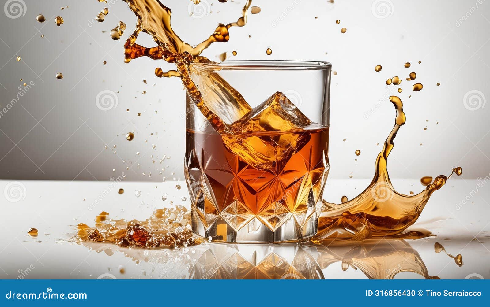 Focus on Realistic Glass with Falling Rum on White Background ...