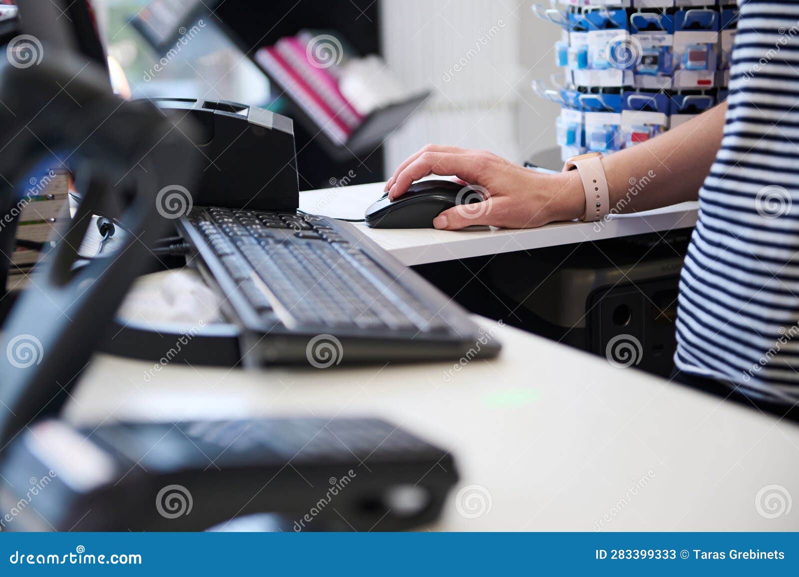 Focus on Seller& X27;s Hand Using PC Computer at Work, Standing at ...