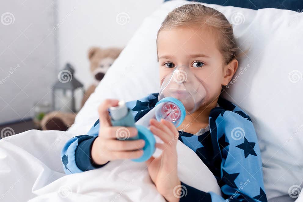 Focus of Sick Kid Using Inhaler Stock Photo - Image of health ...
