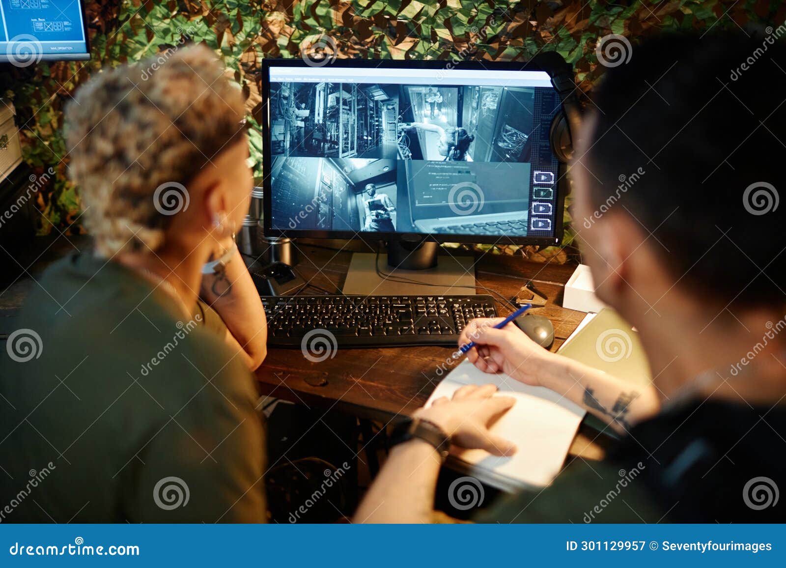 Focus on Surveillance Camera on Computer Screen Standing on Desk Stock ...
