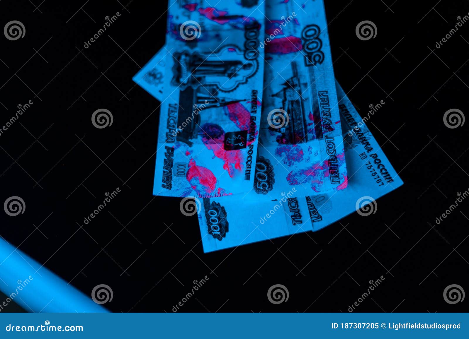 Focus of Ultraviolet Lightning on Russian Money on Black Stock Image ...