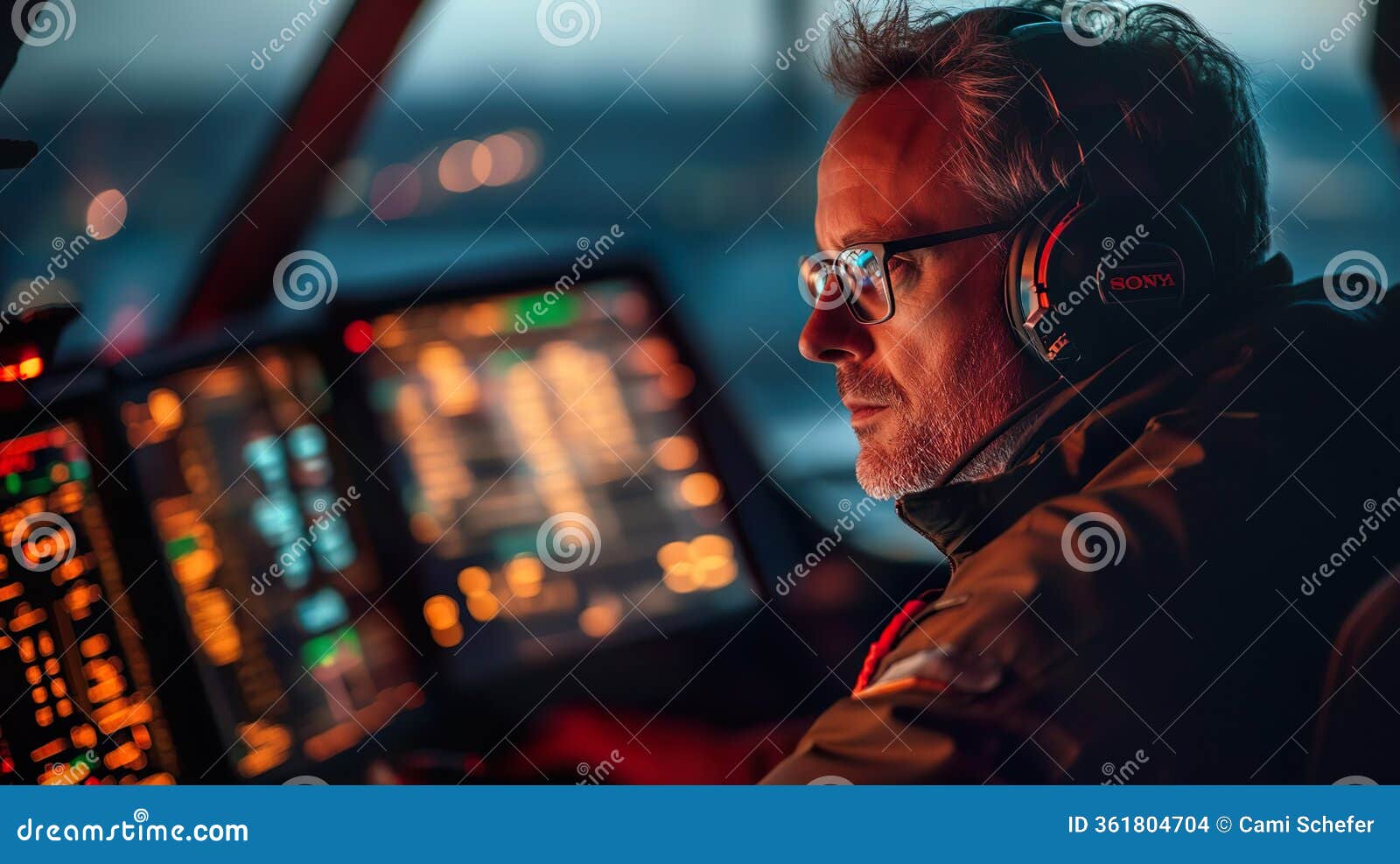 Focused Air Traffic Controller Working at Night Stock Photo - Image of ...