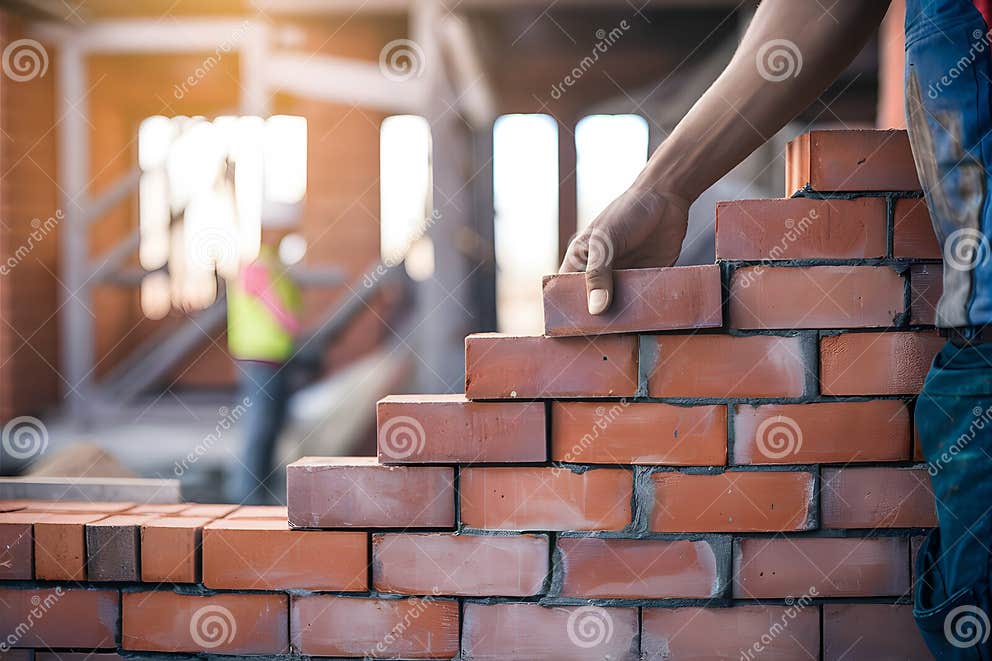 Focused Bricklayer Constructing Wall with Precision, Blurred Bustling ...
