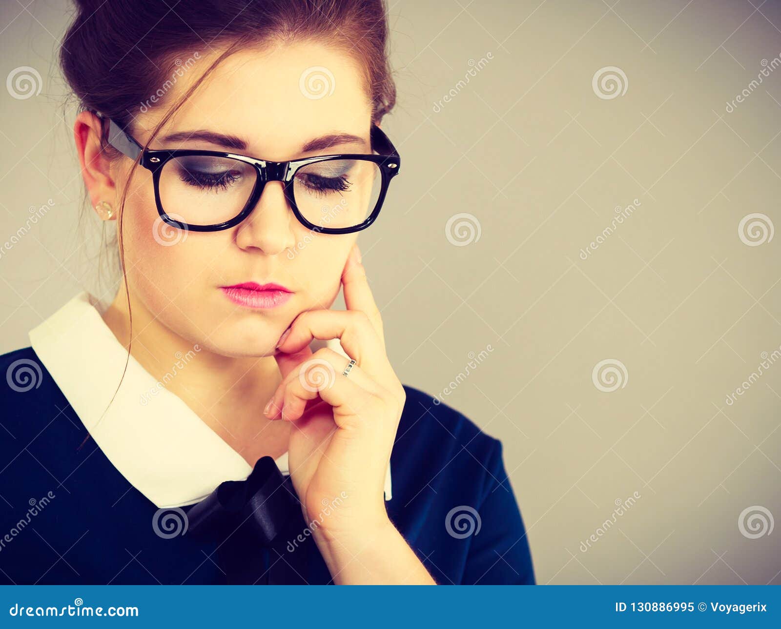 Focused Business Woman Looking Down Thinking Stock Image - Image of ...
