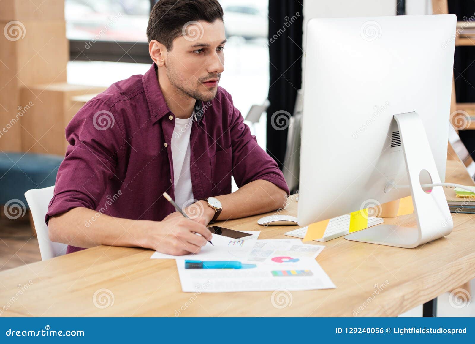 Focused Businessman Working on Computer at Workplace Stock Photo ...
