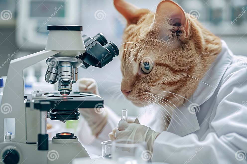 Focused Cat Examining Samples Under a Microscope in a Lab Stock Photo ...