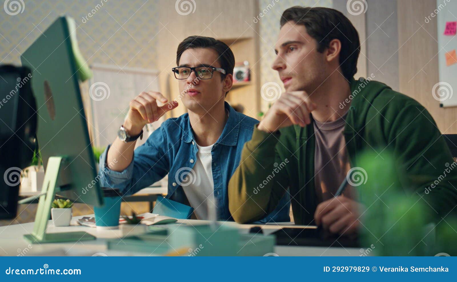 Focused Colleagues Staring Computer Screen at Room. Creative Men Work ...