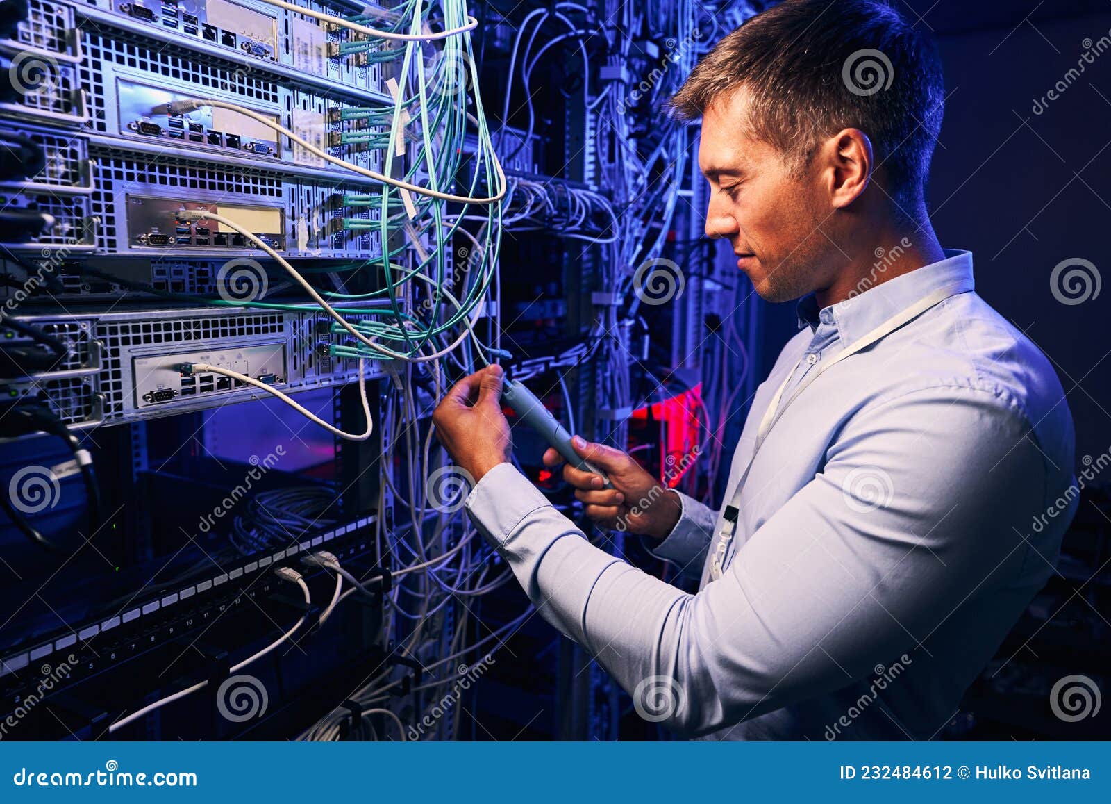 Focused Data Center Employee Checking Cabling Infrastructure Stock ...