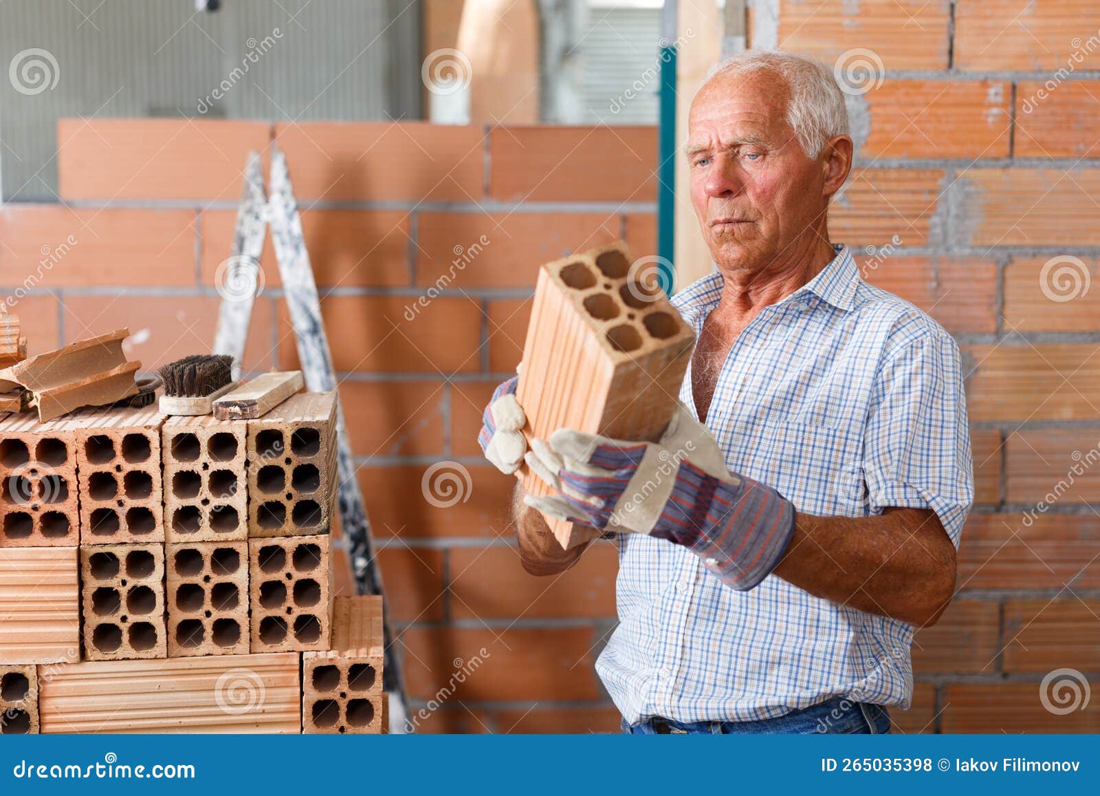 Man Checking Brick for Masonry Stock Photo - Image of pensioner ...