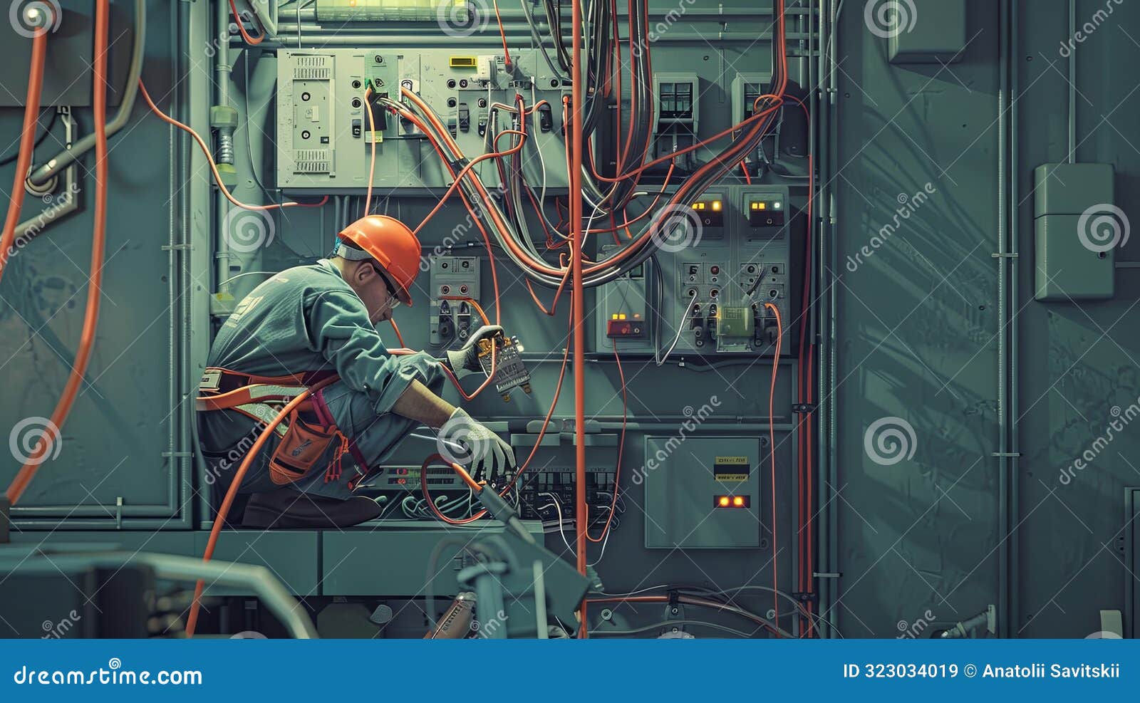A Focused Electrician Works on Intricate Wiring Inside an Electrical ...