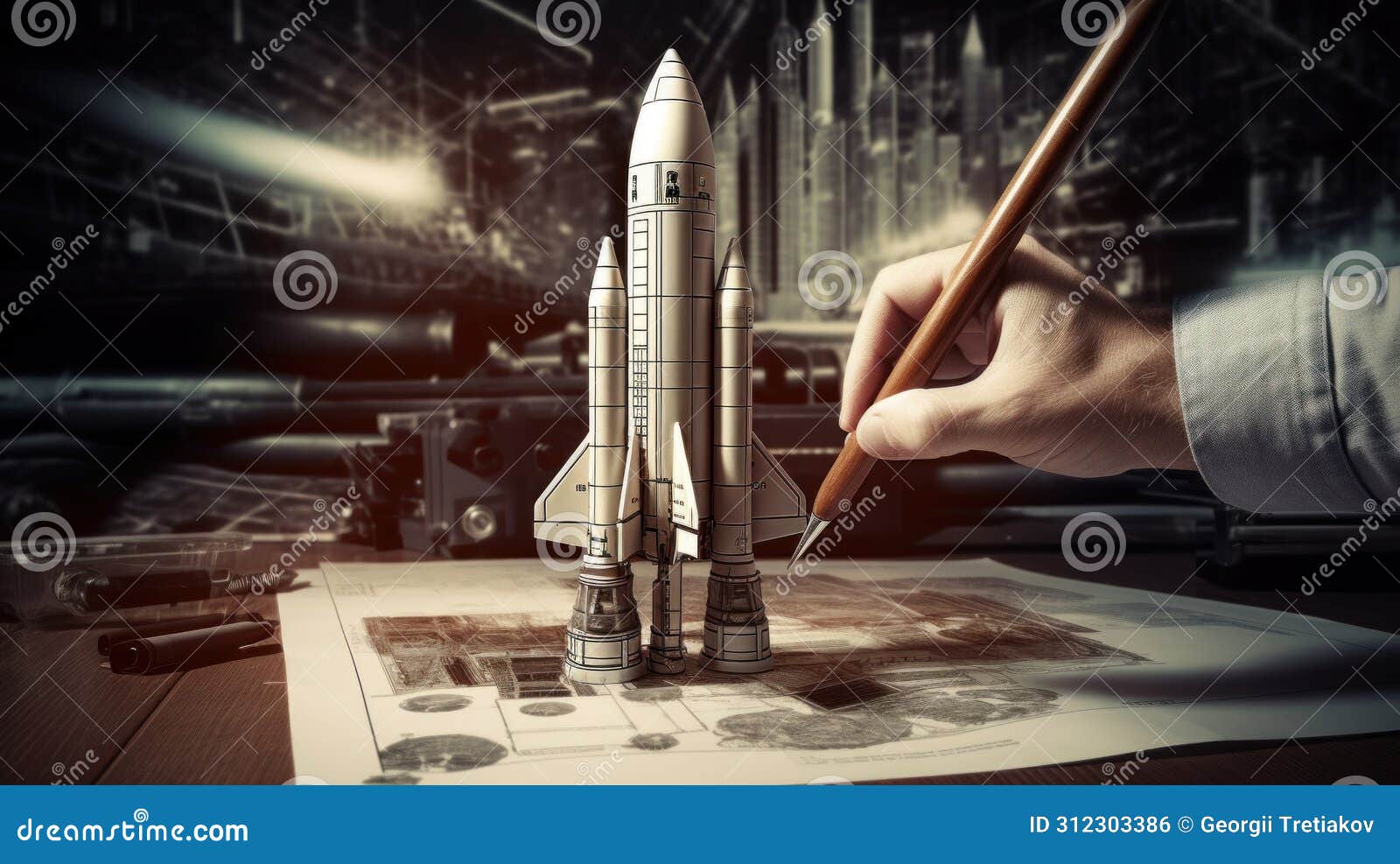 Model Rocket Preparation by Engineer Overlooking Cityscape Stock ...