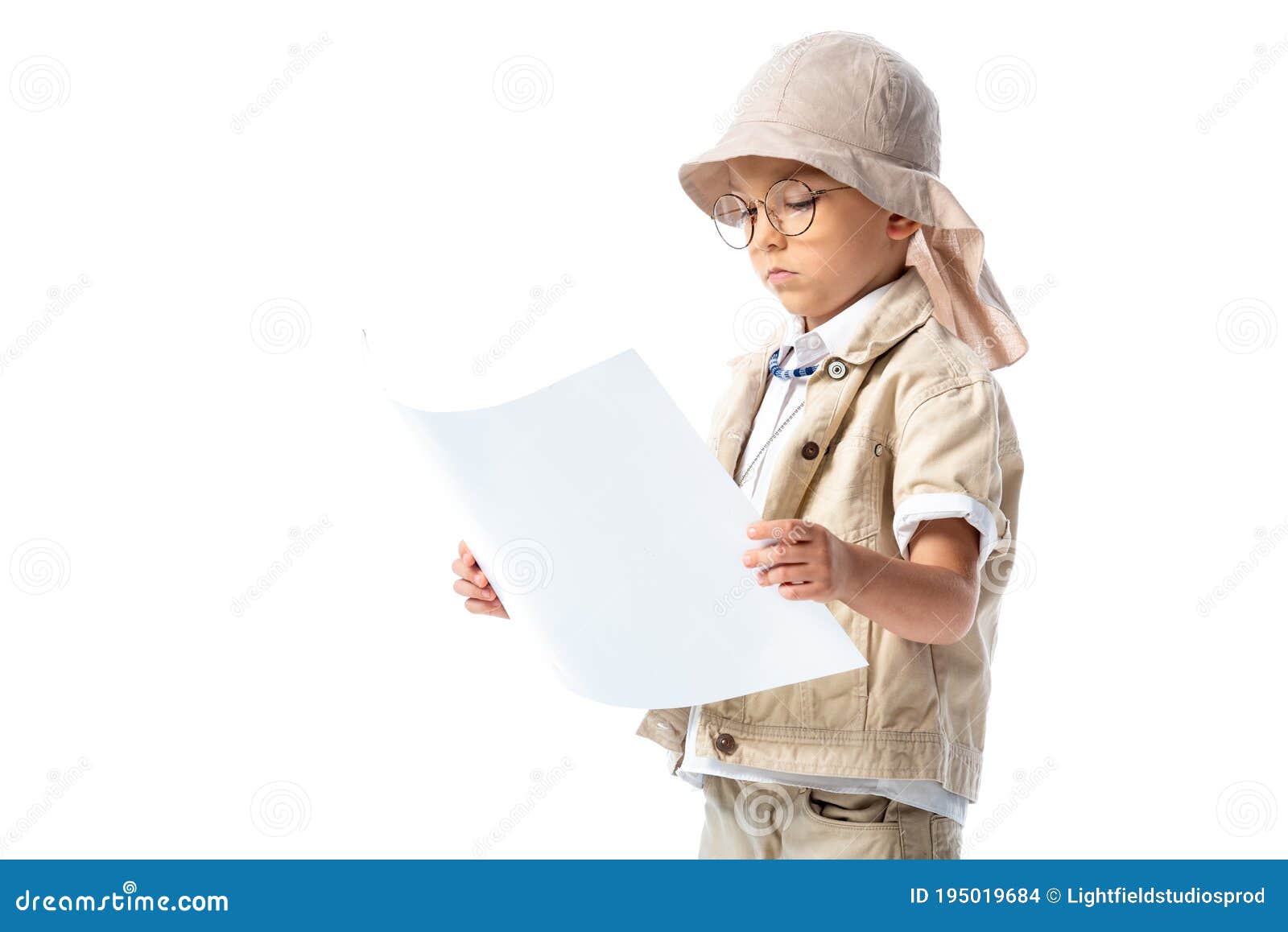 Explorer Child in Glasses and Hat Looking at Placard Isolated on White ...