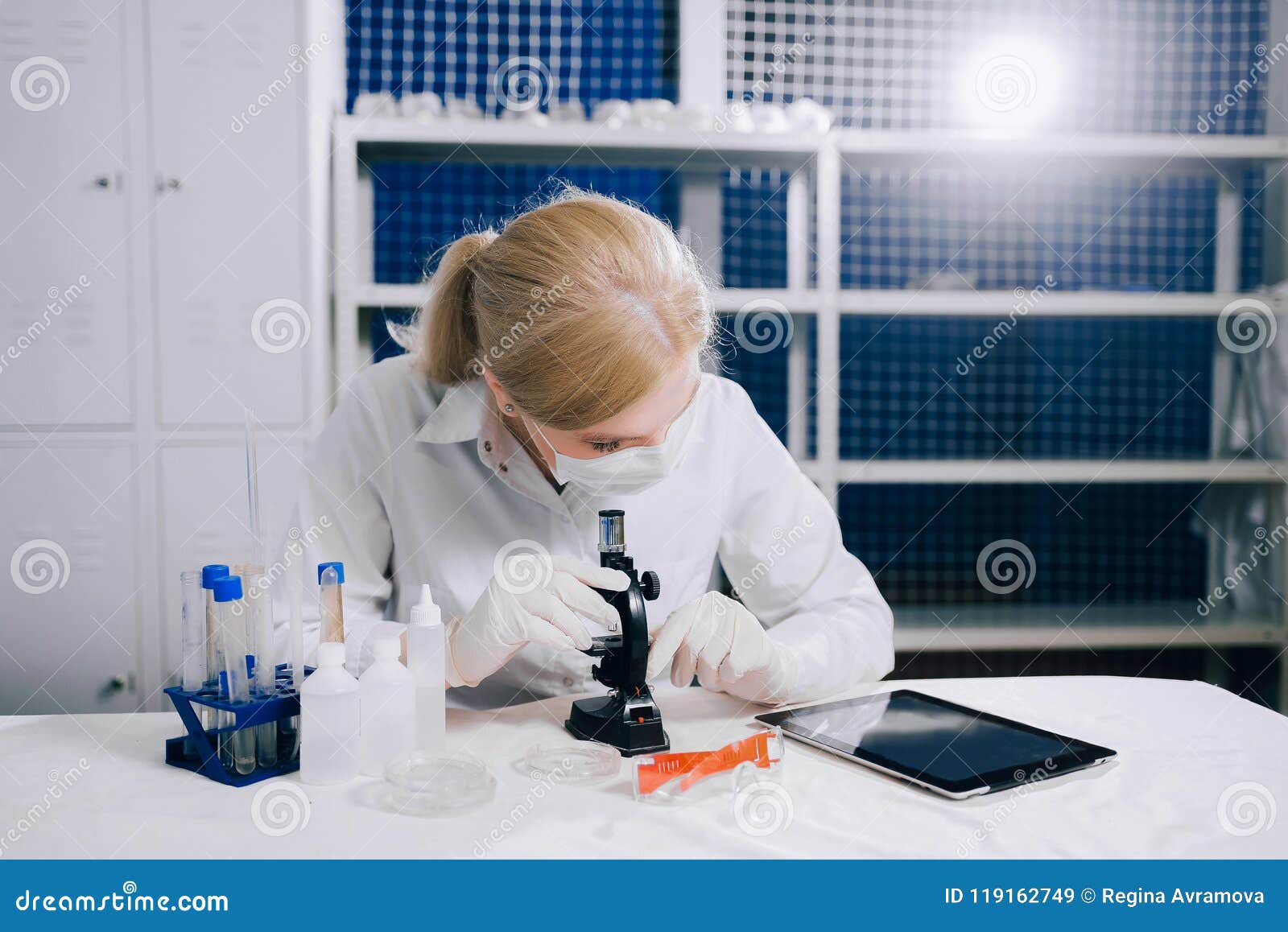 Microscope With Periodic Table Of Elements For Scientist Biochemist Or ...