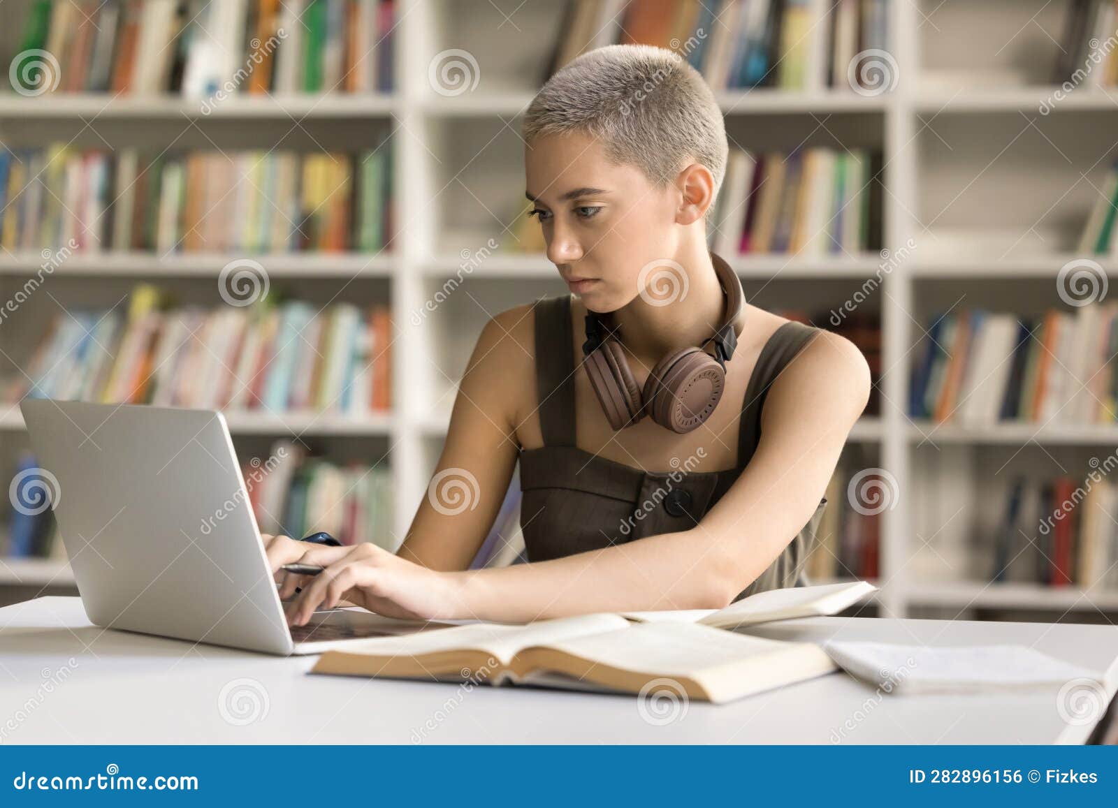 Focused Fresh Student Doing Research Study, Homework in Campus Library ...