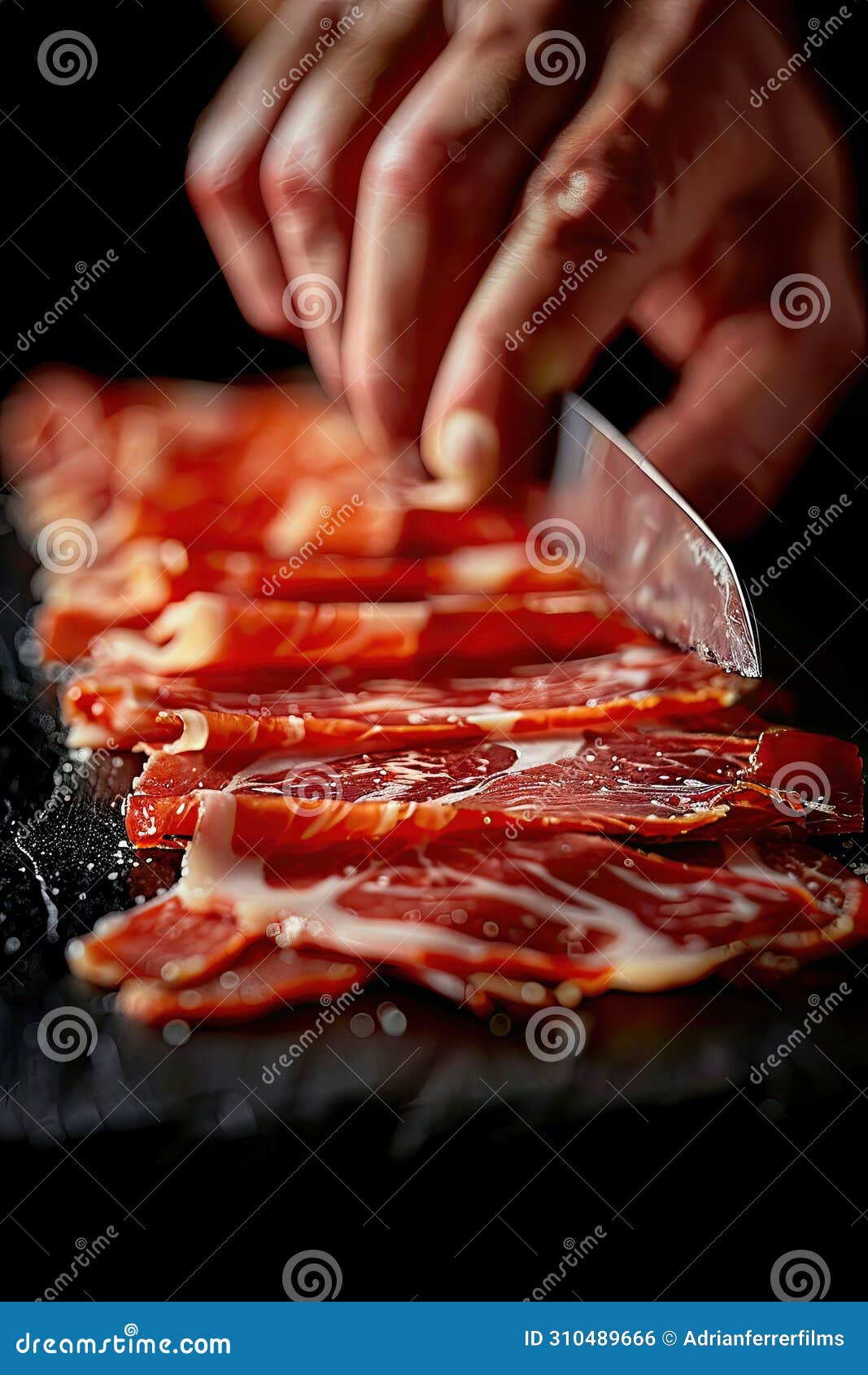 Focused on Hands Slicing Cured Ham, Accentuating the Skill and Texture ...