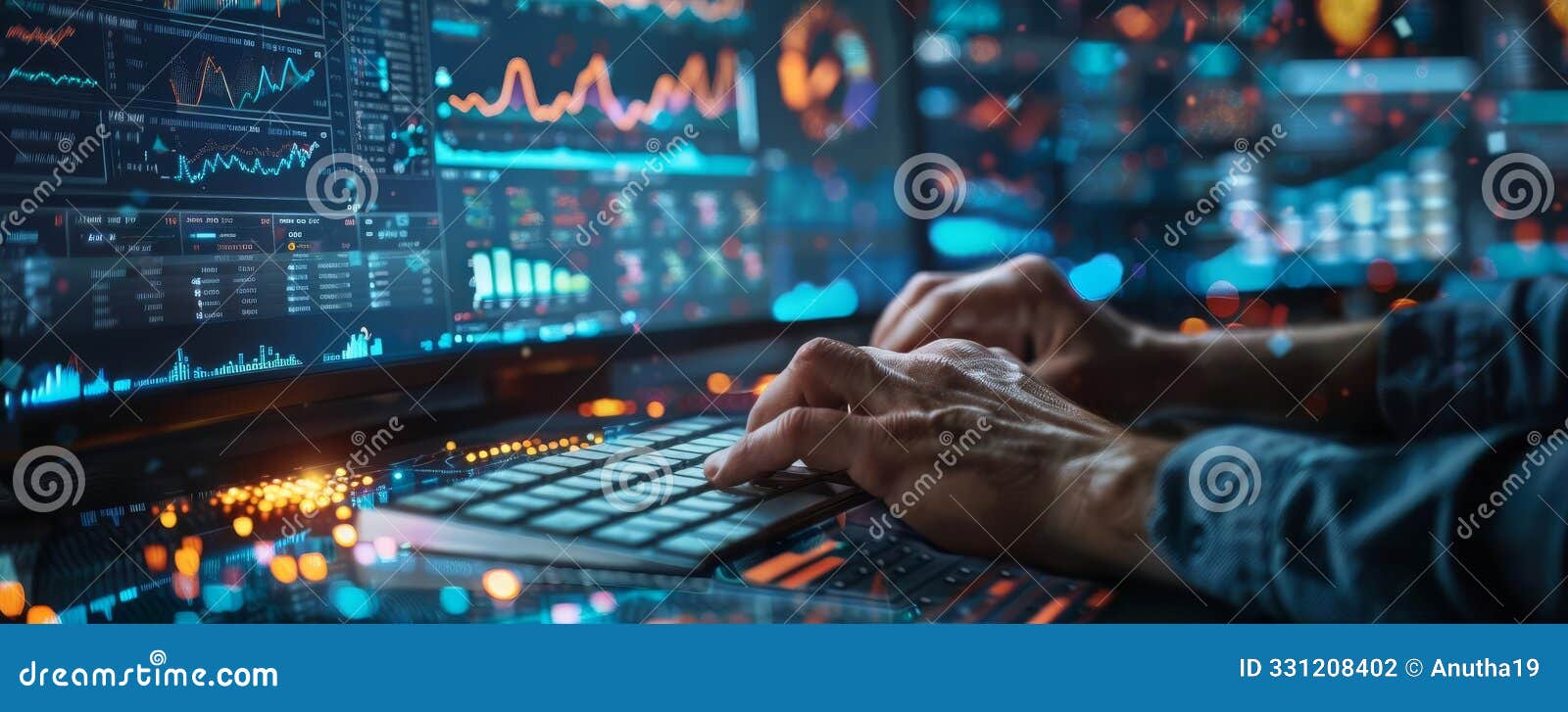 Focused Hands Typing on Keyboard with Data Screens and Charts in ...