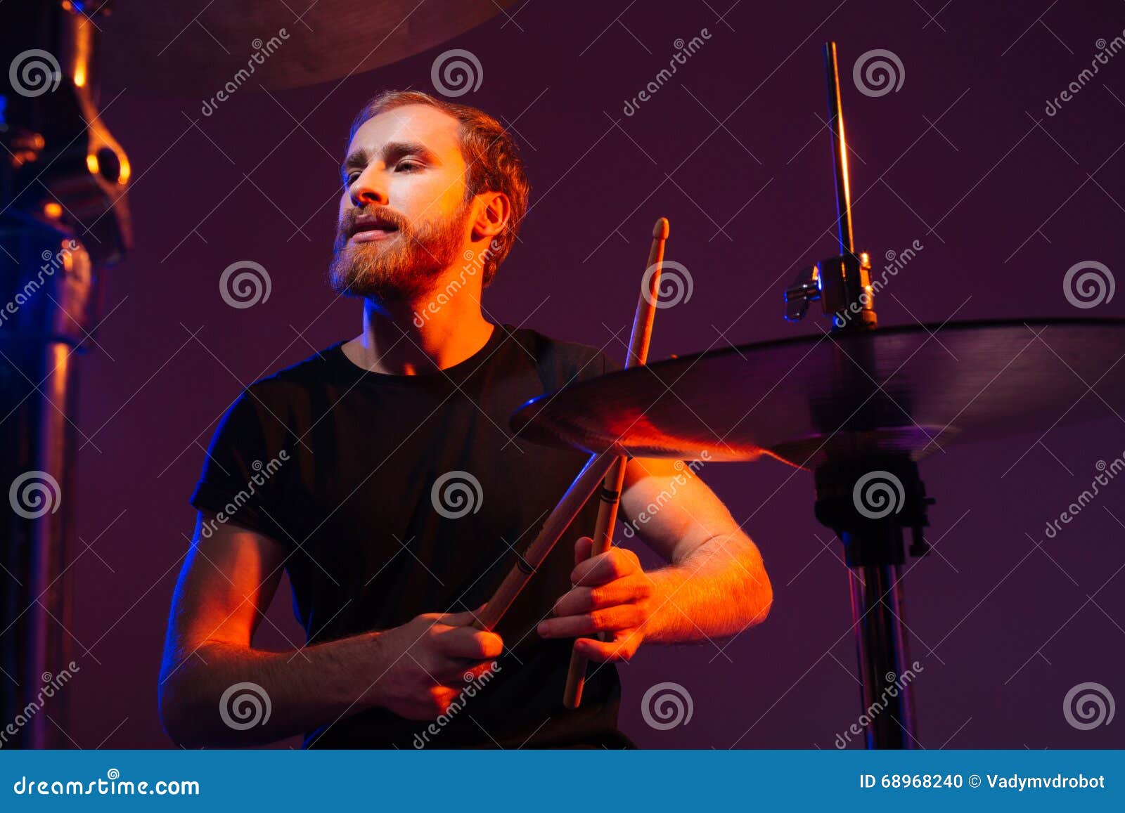 Focused Handsme Bearded Drummer Playing Drums Stock Photo - Image of ...