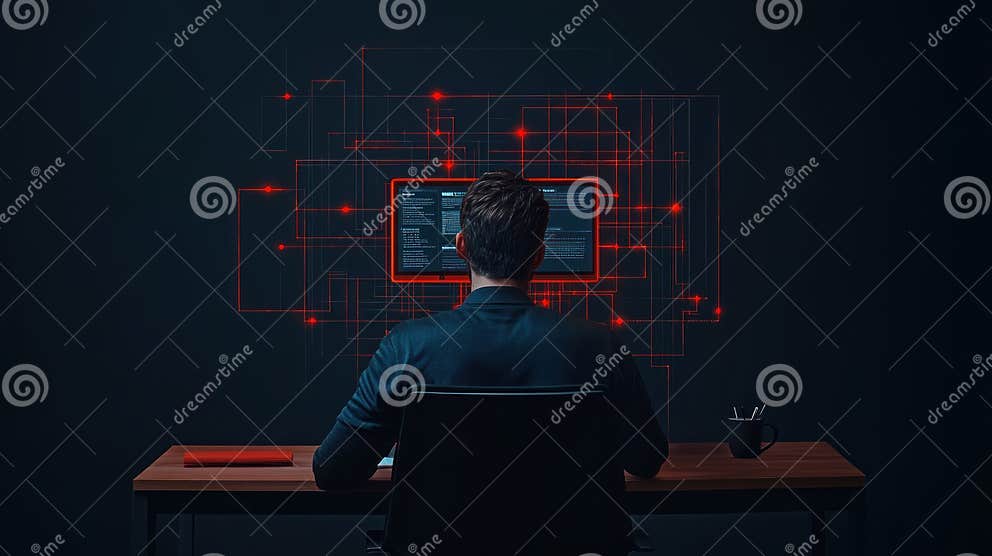 A Focused Individual Working on a Digital Screen with Abstract Data ...