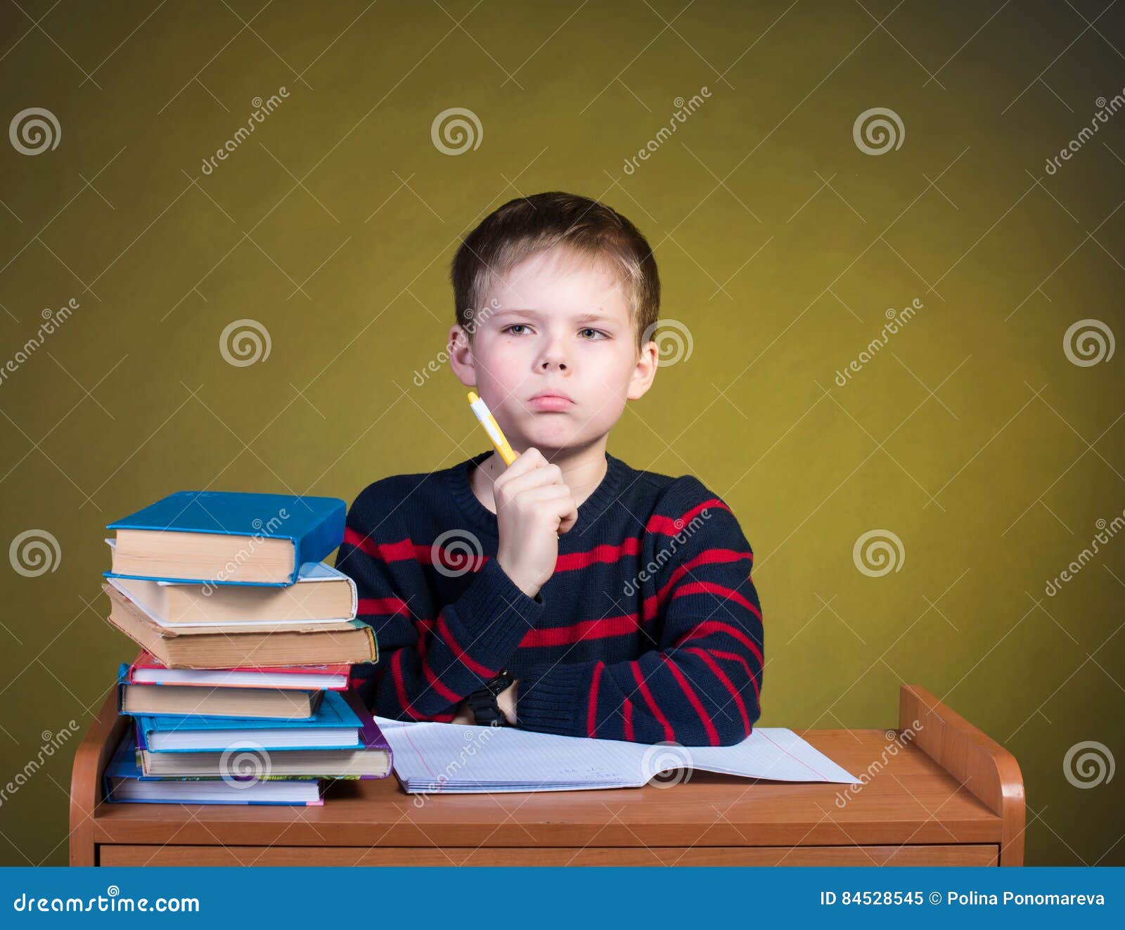 Focused Kid Studying. Tired Little Boy Writing Stock Image - Image of ...