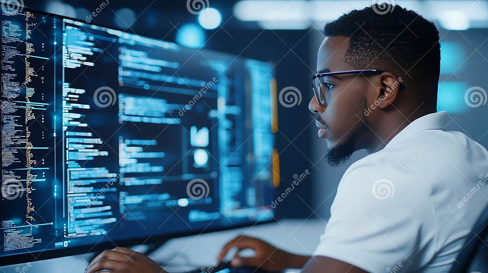 A Focused Male Programmer Examines Code on His Large Screen while Working on a Software Project ...
