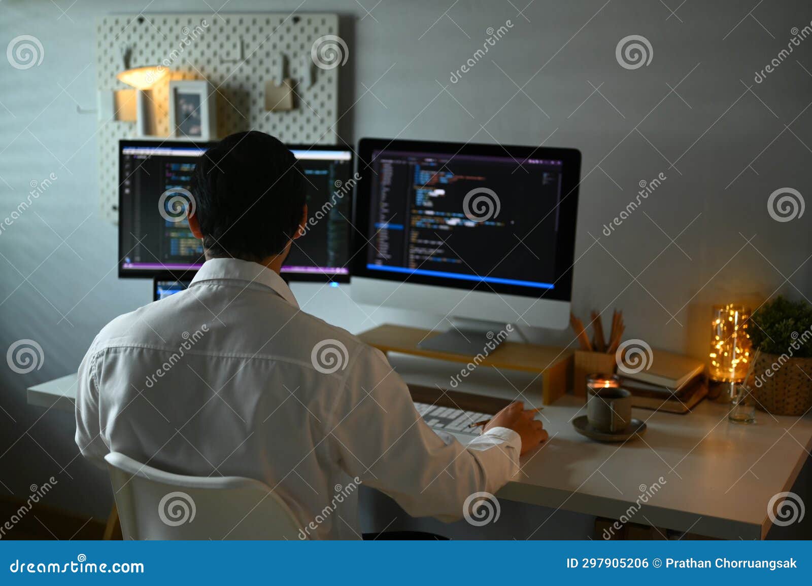 Focused Male Programmer Working with Coded Data on Computer Screen at ...