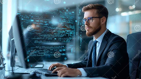 Focused Man in Formal Attire Programming on a Desktop Computer with Data Code Around. Represents ...