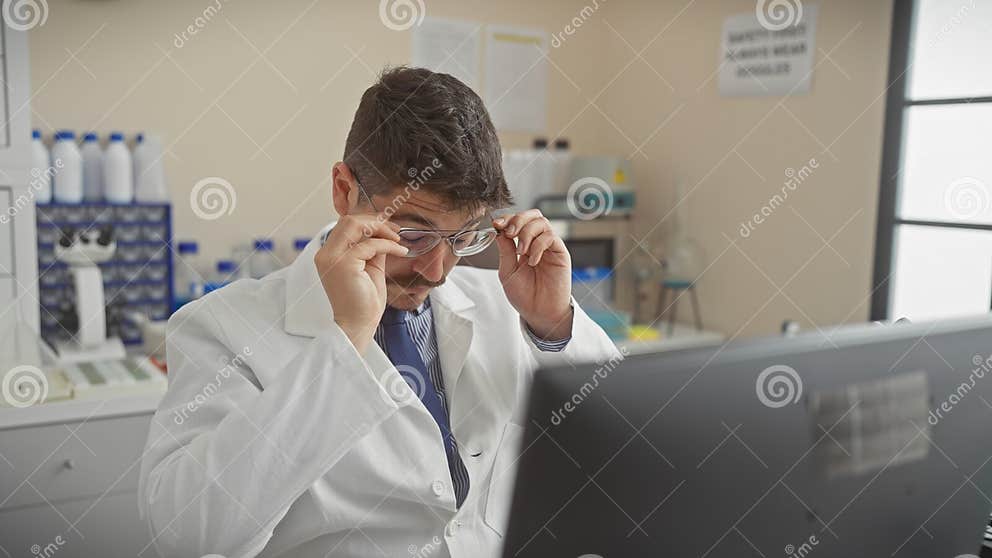 A Focused Man in a Lab Coat Adjusting His Glasses while Working on a ...