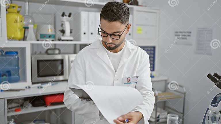 Focused Man in Labcoat Analyzing Documents in a Modern Laboratory ...