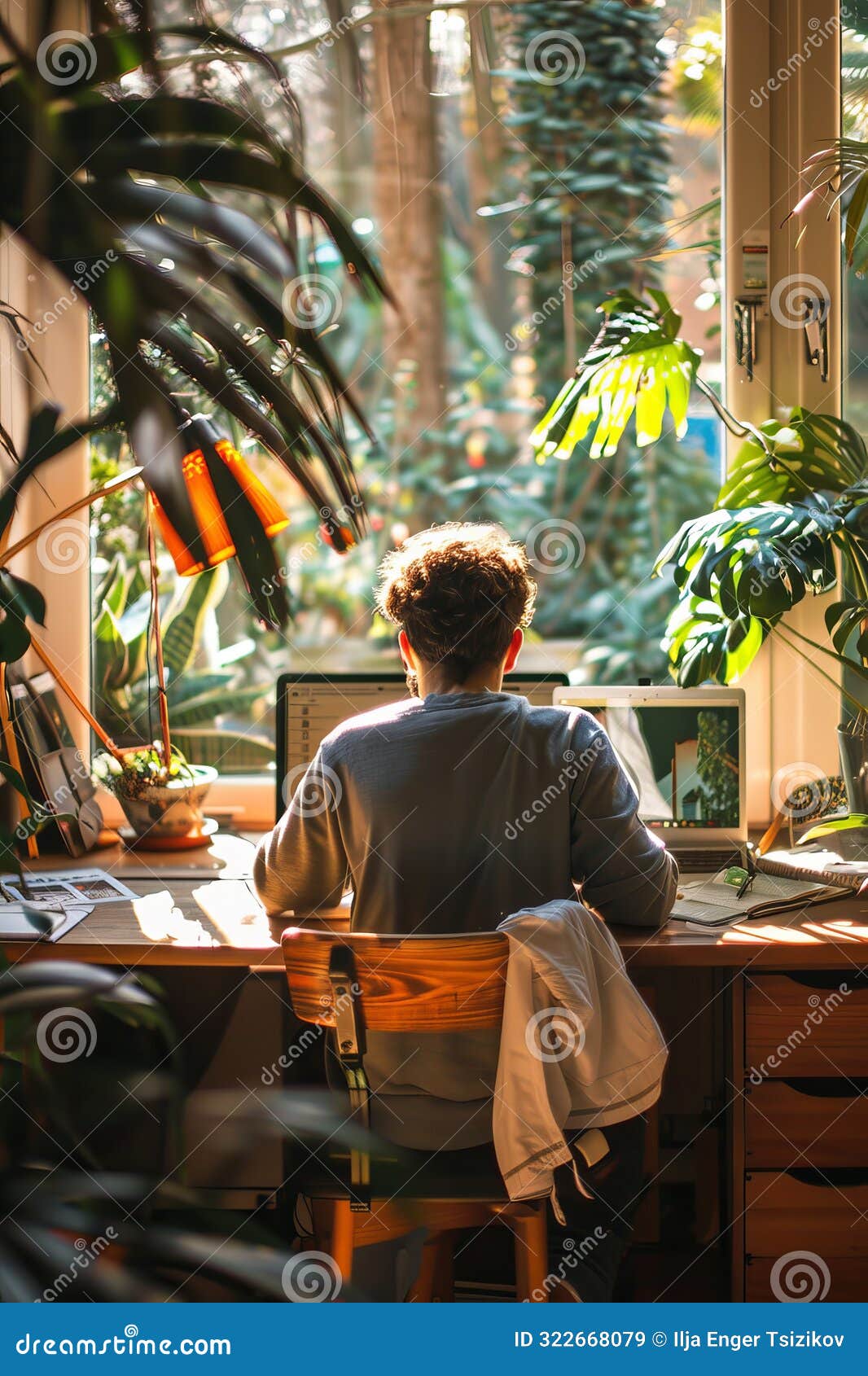 Focused Man at Modern Desk with Cityscape Reflection on Laptop Screen ...