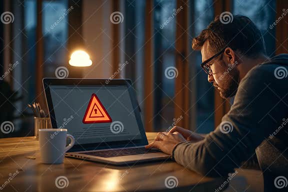 Focused Man Resolving Issues on Laptop at Wooden Table in Bright ...