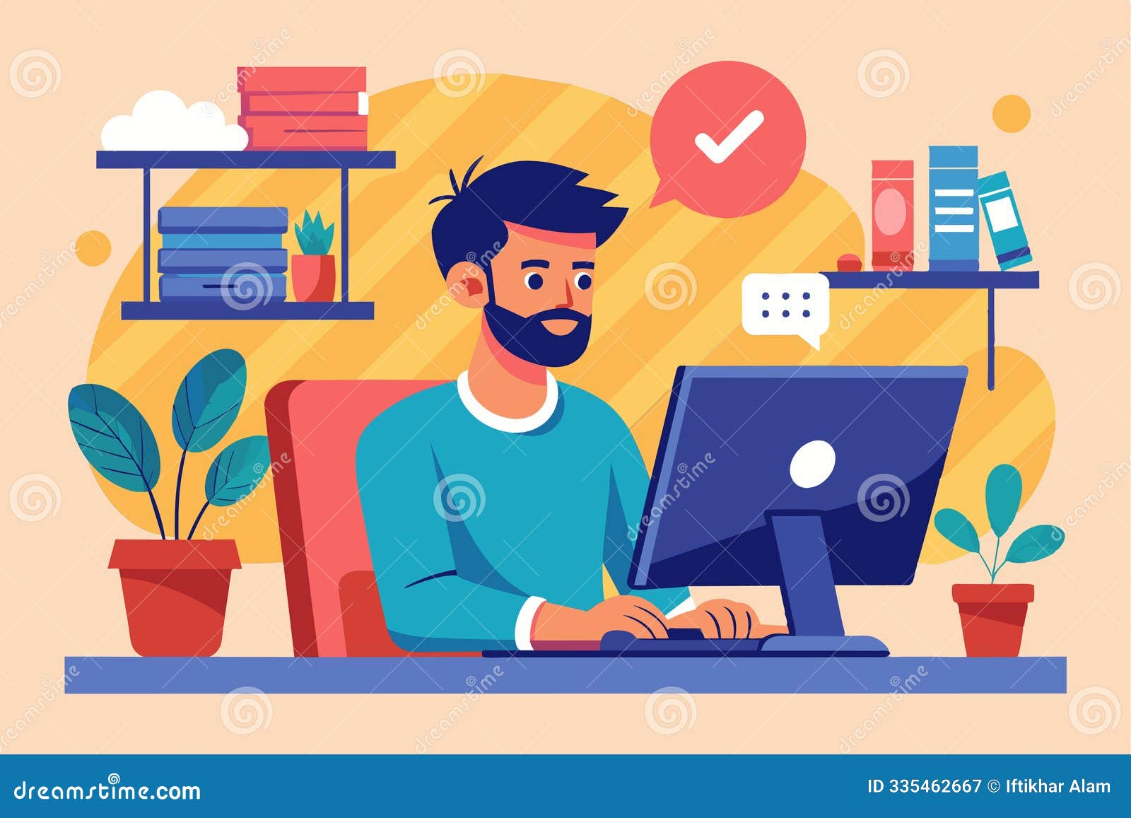 A Focused Man Types on His Computer in a Well-organized Home Office ...