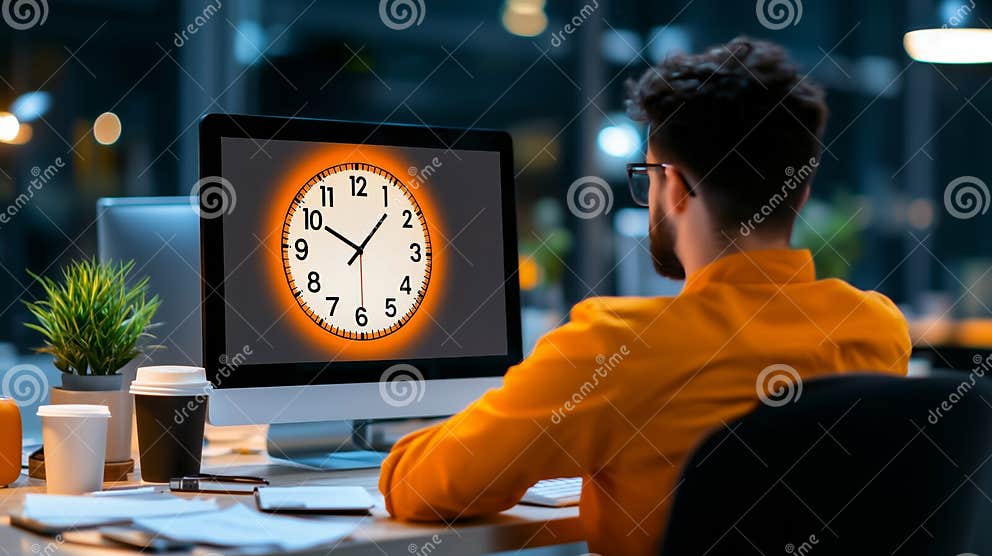 Focused Man Working Late Night at His Desk in Modern Office, with Large ...
