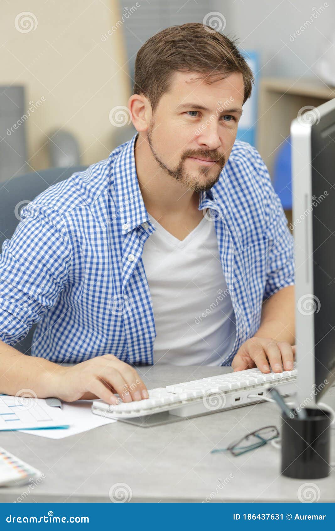 Focused Man Working in Office on Pc Stock Image - Image of indoors ...