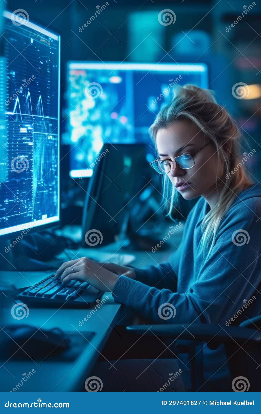 Focused Mature Woman Engaged in Precision Data Analysis and Research at Computer Workstation in ...