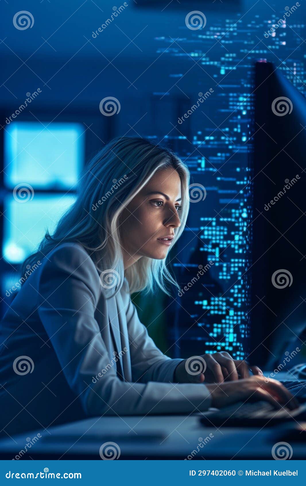 Focused Mature Woman Engaged in Precision Data Analysis and Research at Computer Workstation in ...