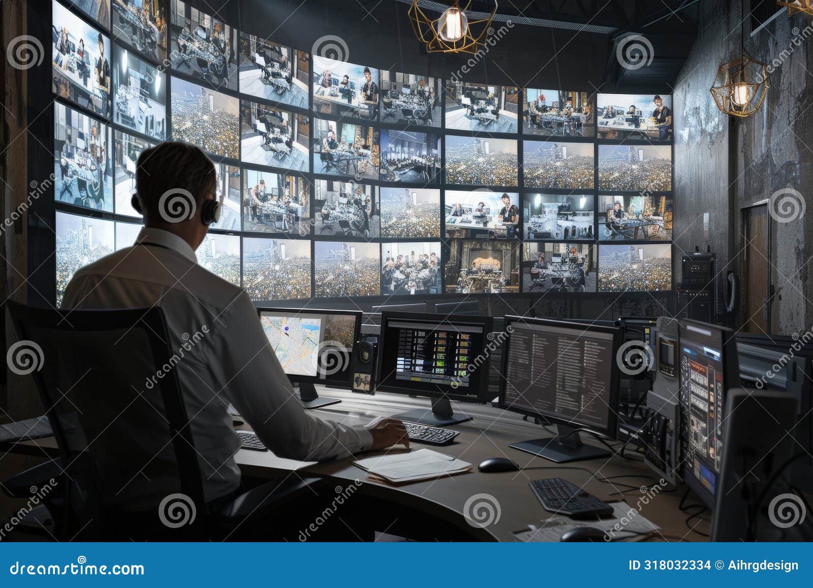 A Focused Operator Monitors Multiple Screens, Wearing Headphones In A ...