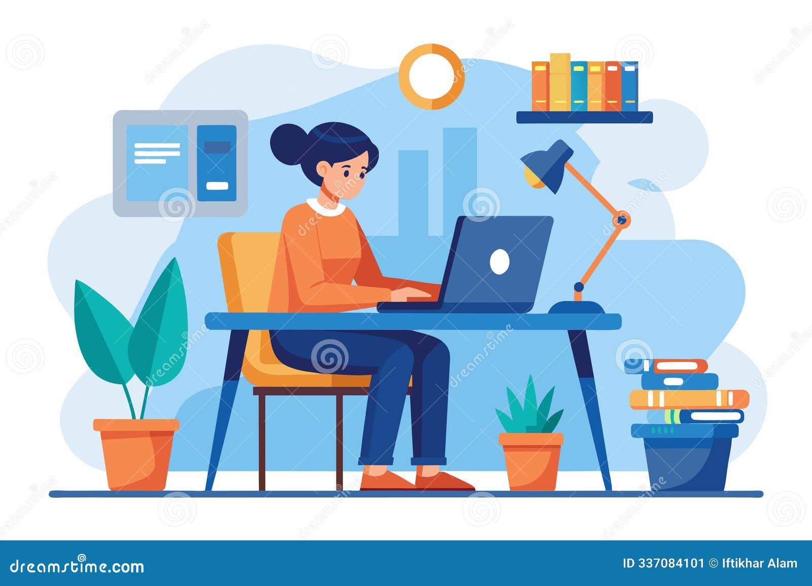 A Focused Person Types on a Laptop at a Desk Surrounded by Plants and ...