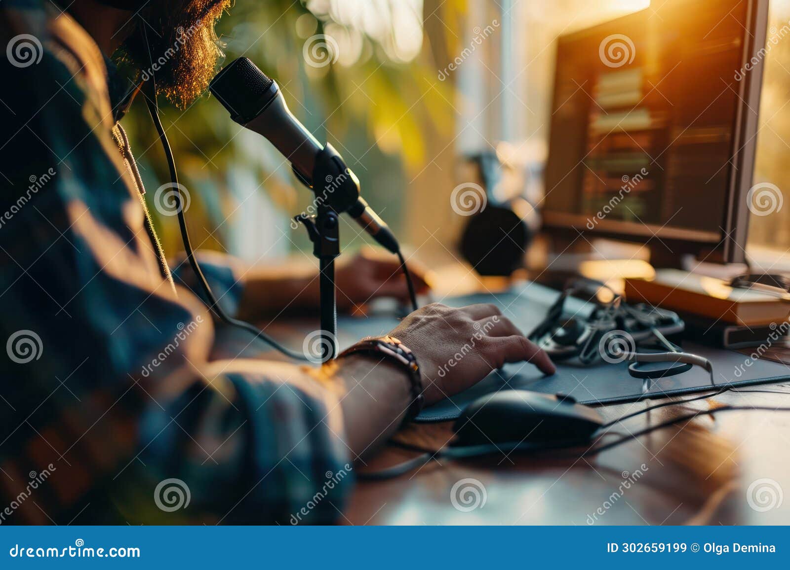 Focused Podcaster at Work with Microphone and Computer in a Sun ...