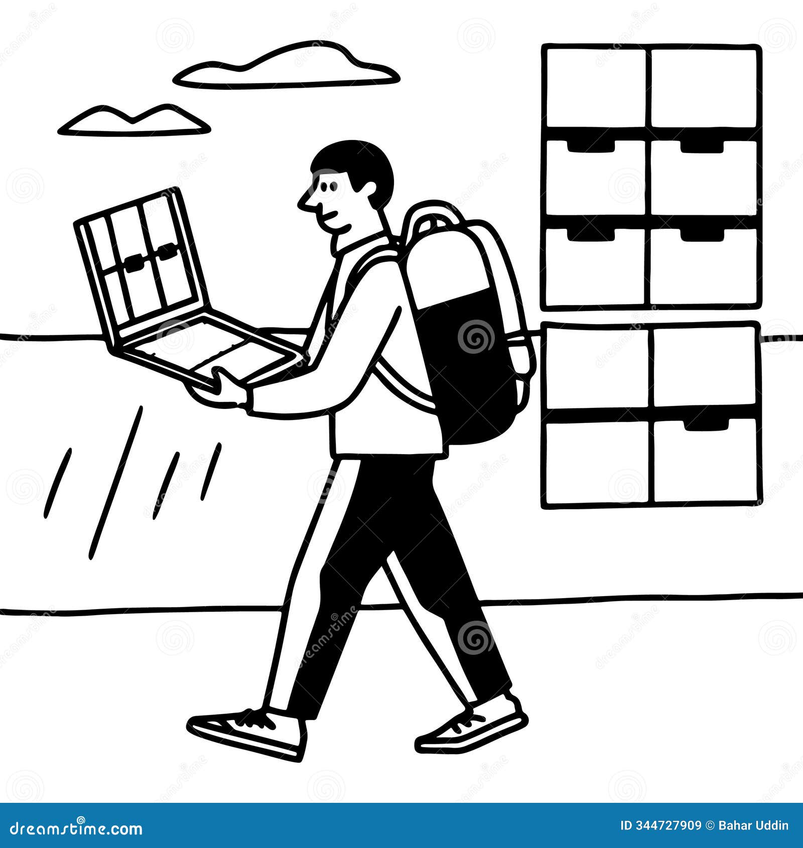 A Focused Professional Man Walking with a Backpack, Laptop, and Project ...