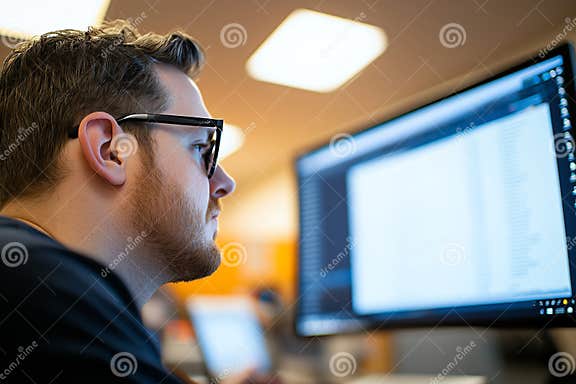 A Focused Professional Working on a Computer with Programming Code on ...