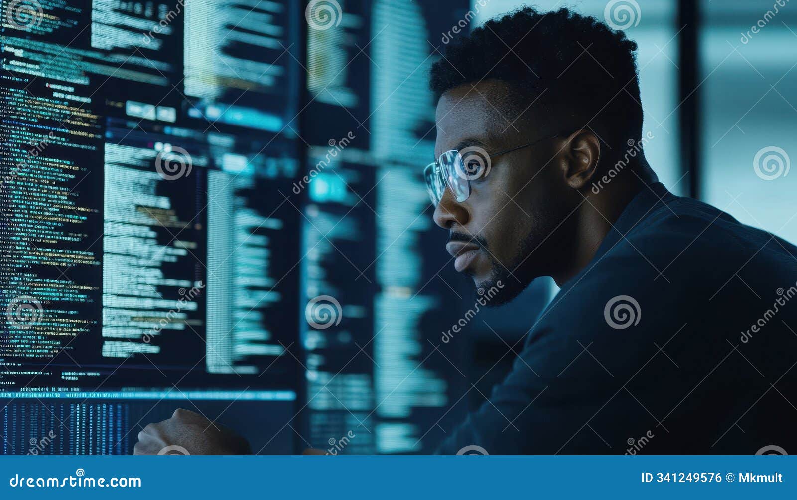 Focused Programmer Analyzes Complex Data on Multiple Monitors in a Tech Workspace Stock Photo ...