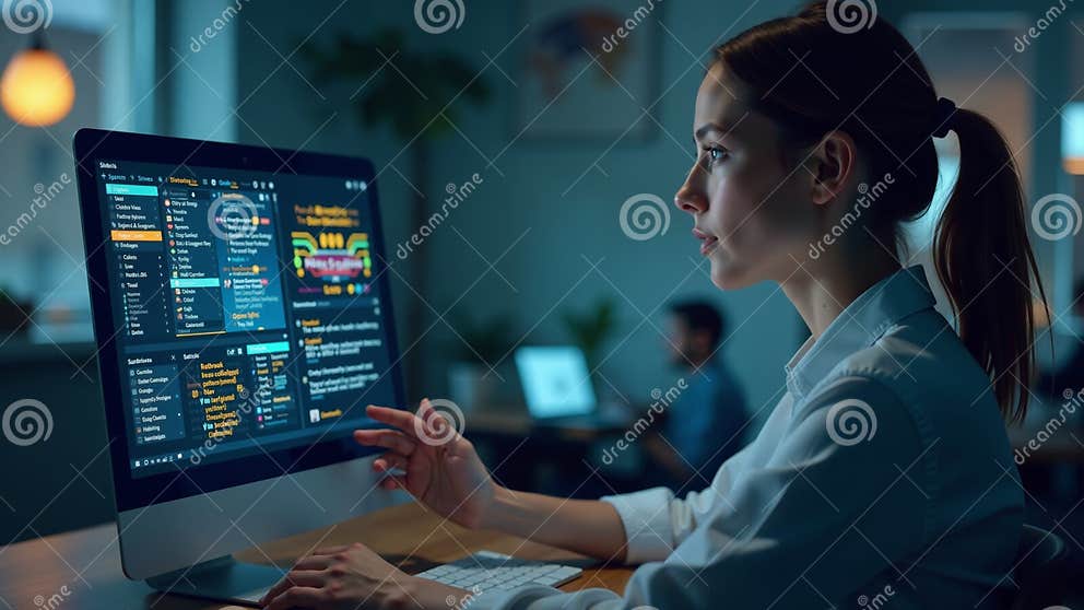 Focused Programmer at Work in a Modern Office during Evening Hours ...