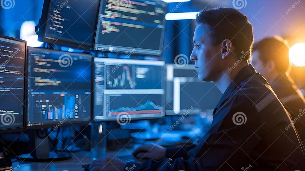 Focused Programmer Working on Multiple Monitors with Code and Data Analysis Stock Illustration ...
