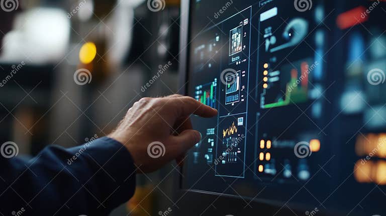 A Focused Shot of a Technicians Hands Manipulating a Touchscreen Interface Where Dynamic Graphs ...