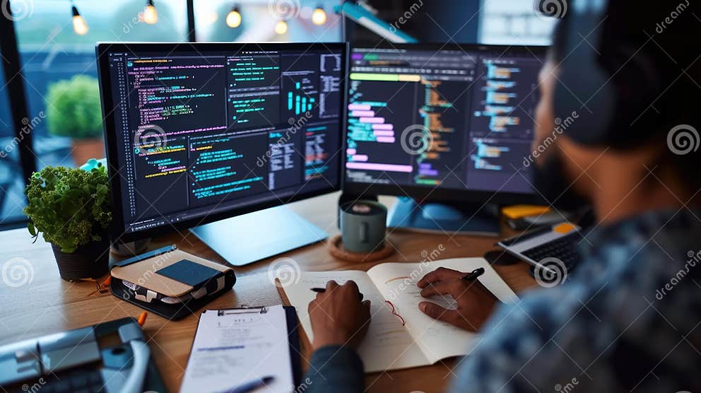 Software Developer Working on Code in Dual Monitor Setup AIG41 Stock Photo - Image of debug ...