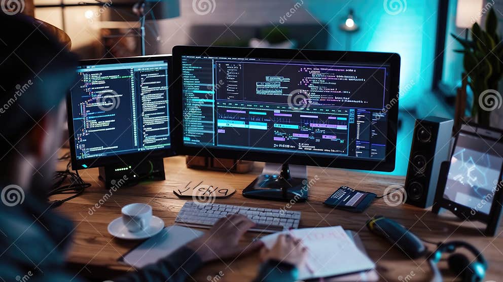 Software Developer Working on Code in Dual Monitor Setup AIG41 Stock ...